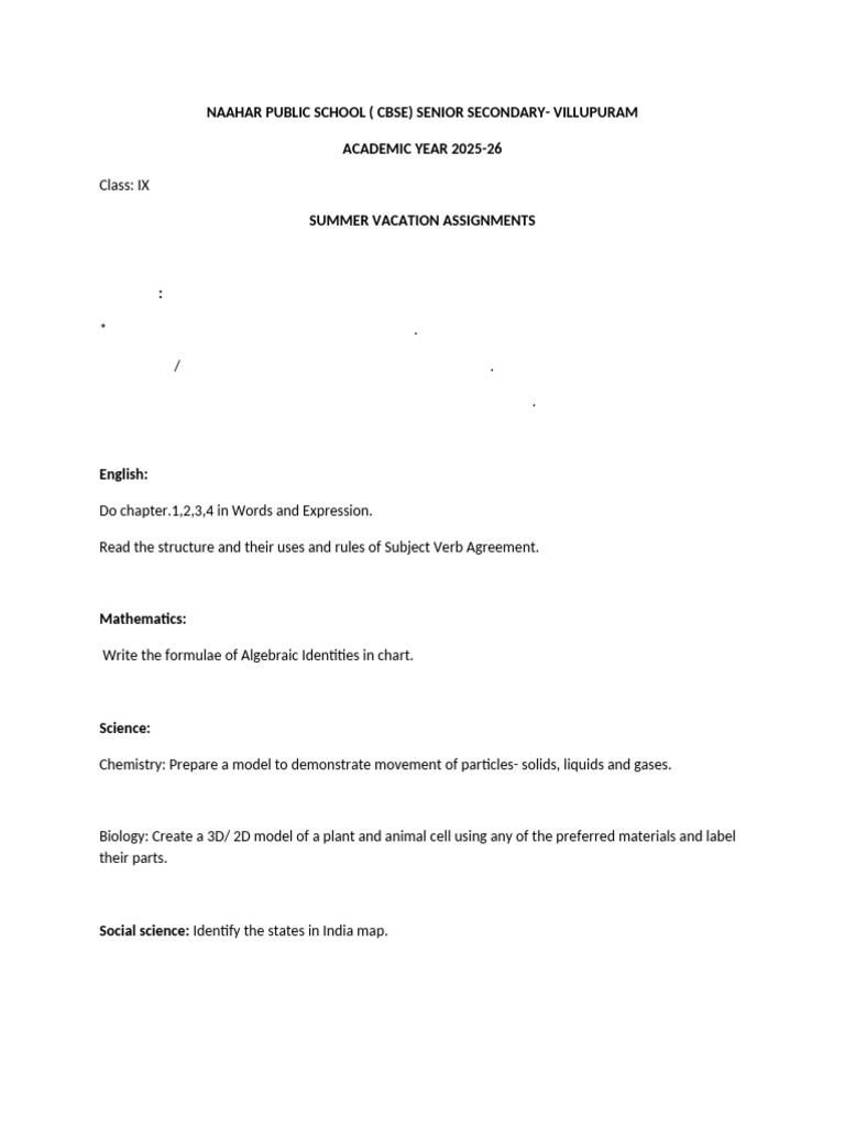 Class IX Summer Vacation Assignments | PDF