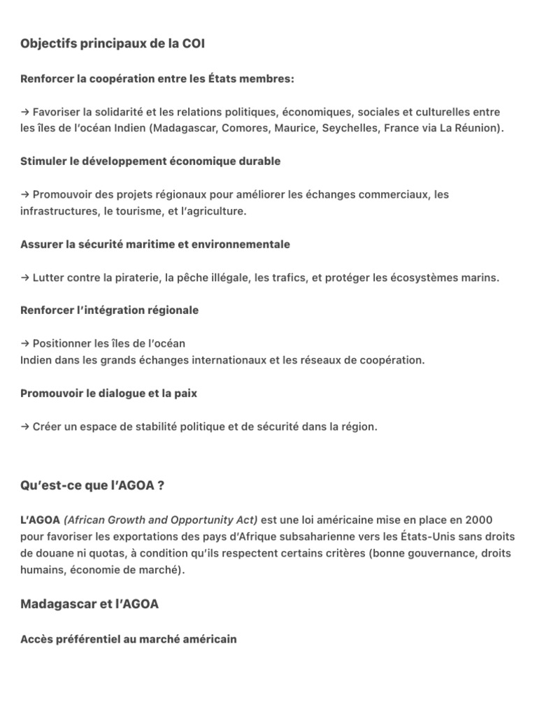 Objectifs de la COI et AGOA à Madagascar | PDF | Économie