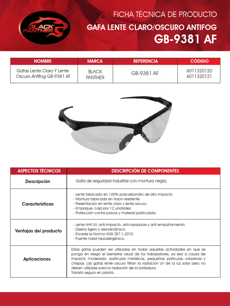 Ficha Tecnica Gafa Black Panther GB-9381AF | PDF