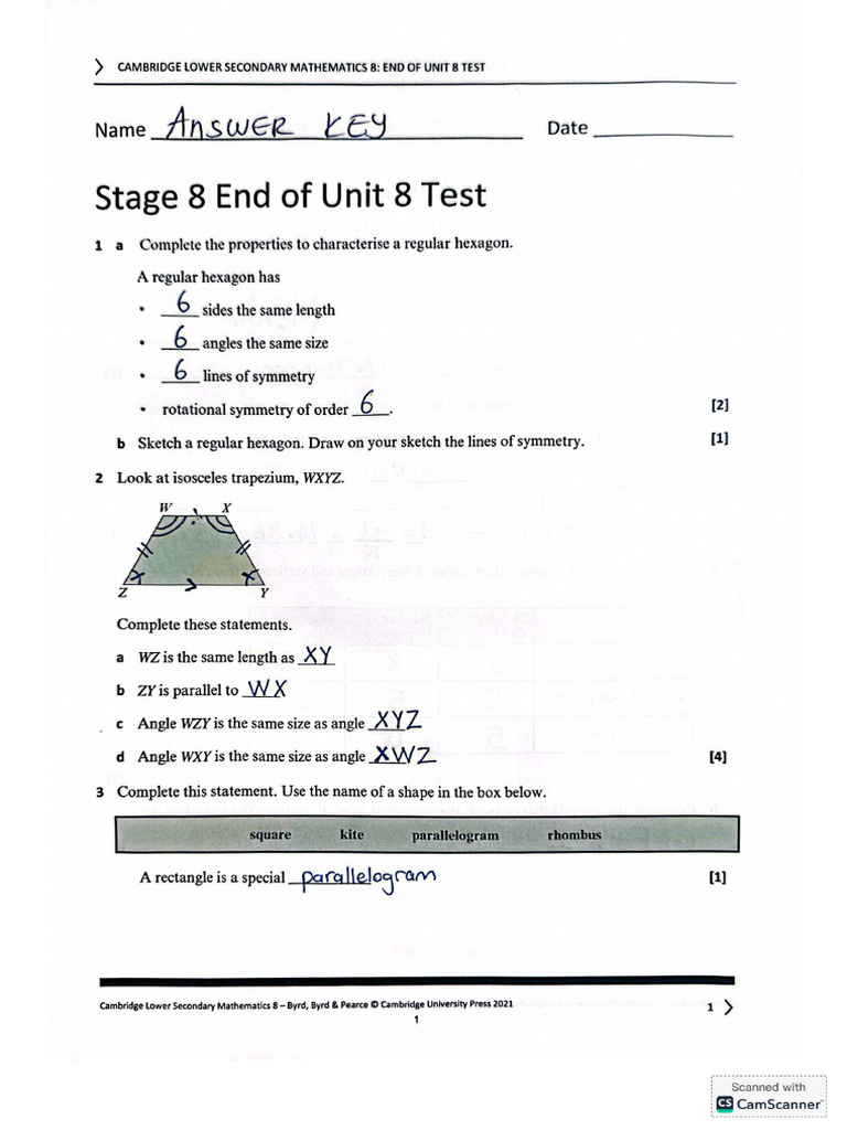 Stage 8 End of Unit Test Answer Key | PDF