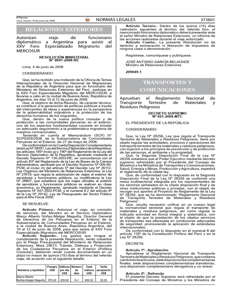 DS #021-2008-MTC - Reglamento Nacional de Transporte Terrestre de Materiales y Residuos ...