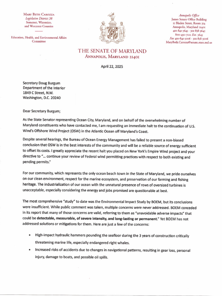 Stop Offshore Wind - Burgum Letter | PDF