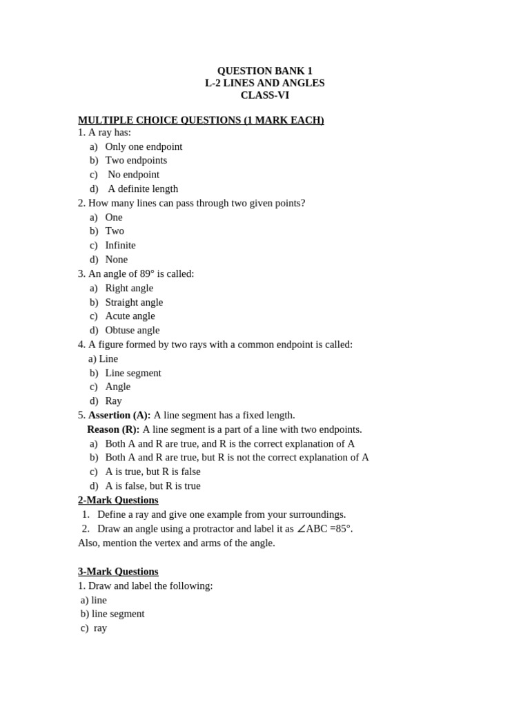 Class 6 Lines and Angles Question Bank | PDF