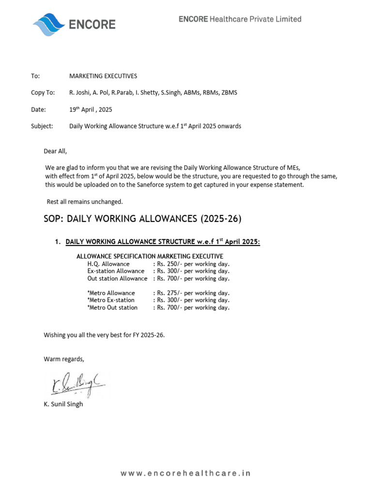 SOP - ME DAILY WORKING ALLOWANCES 2025-26 Wef 1st April 25 | PDF
