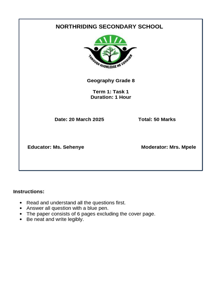 GRADE 8 GEOGRAPHY FORMAL ASSESSMENT TERM 1 2025 NORTHRIDING N | PDF ...