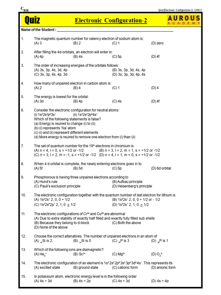 Quiz (Electronic Configuration-2) 230612 | PDF | Electron Configuration ...