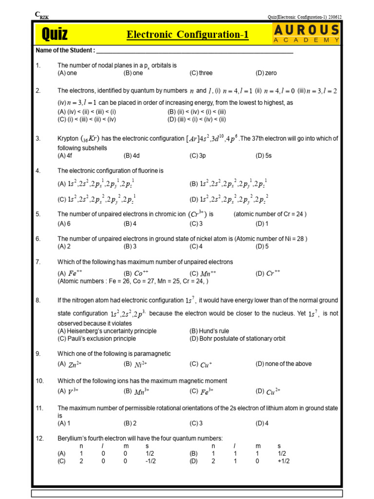 Electronic Configuration Quiz 1 | PDF | Atomic Orbital | Condensed Matter Physics