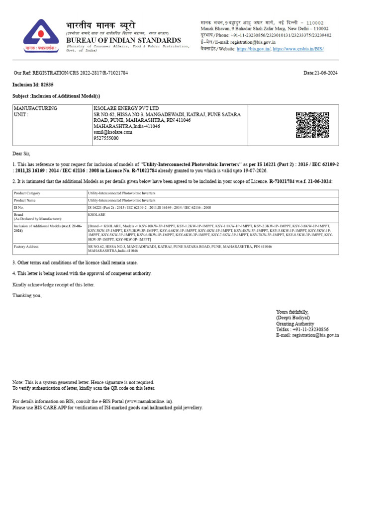 KSOLARE BIS Letter - 1MPPT 1 STRING | PDF | Authentication | Access Control