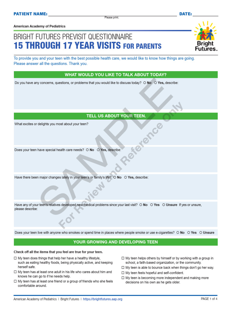 Bright Futures 15-17 Years Visits | PDF | Sexual Intercourse | Adolescence