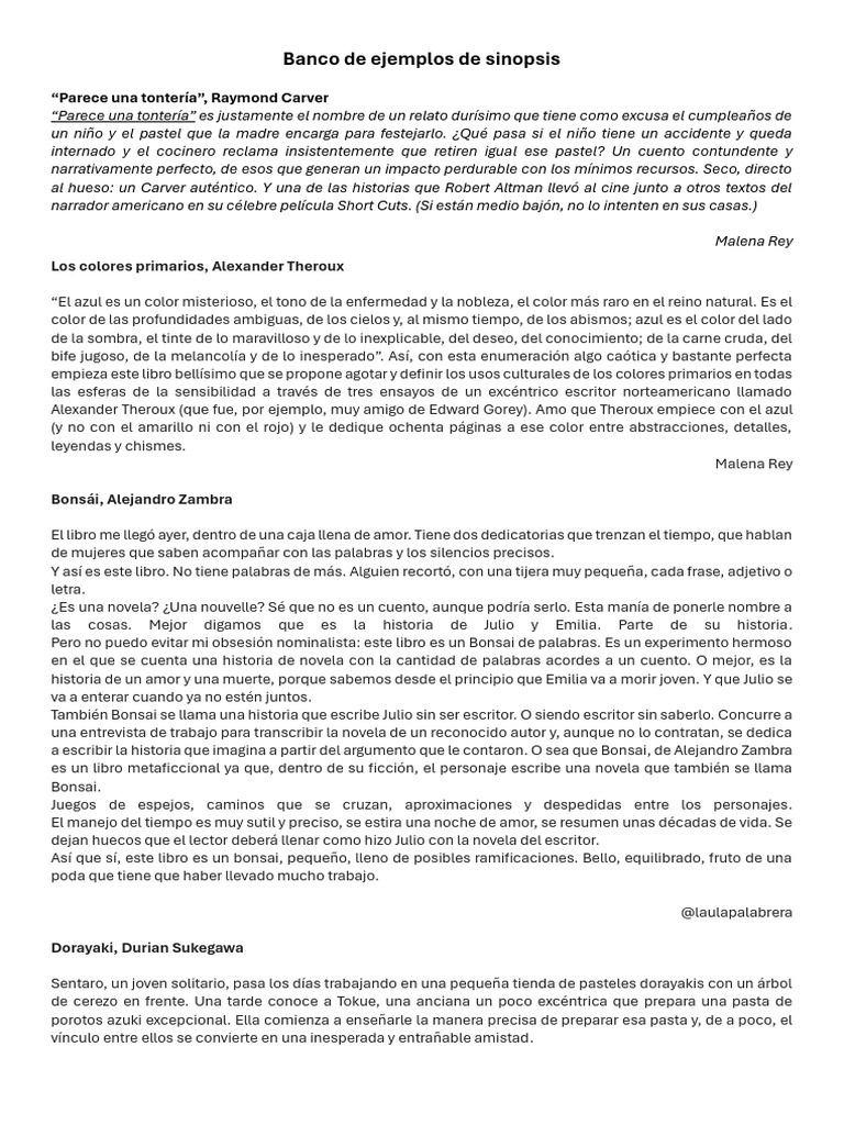Banco de Ejemplos de Sinopsis | PDF
