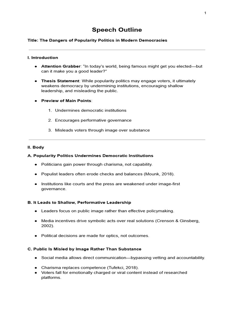 Speech Outline - Popularity Politics (Argumentative Essay) | PDF