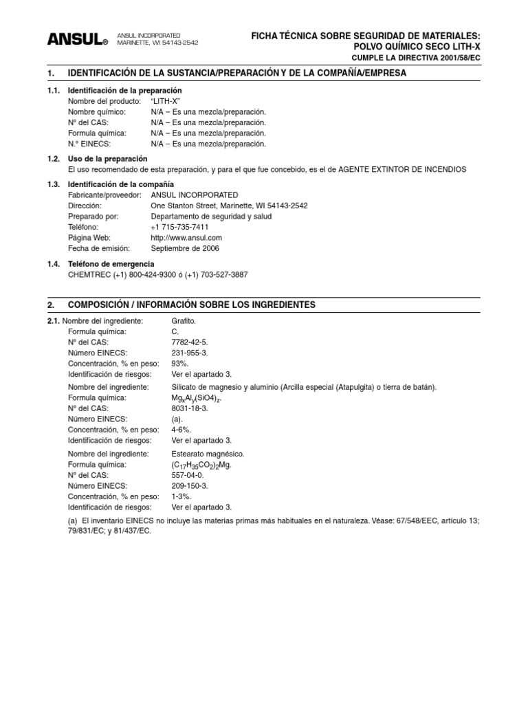 Ficha Tecnica de Seguridad Polvo Quimico LITH-X | PDF | Agua | Ozono