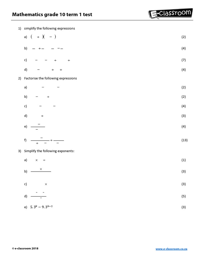 Grade 10 Maths Term 1 Test 1 | PDF