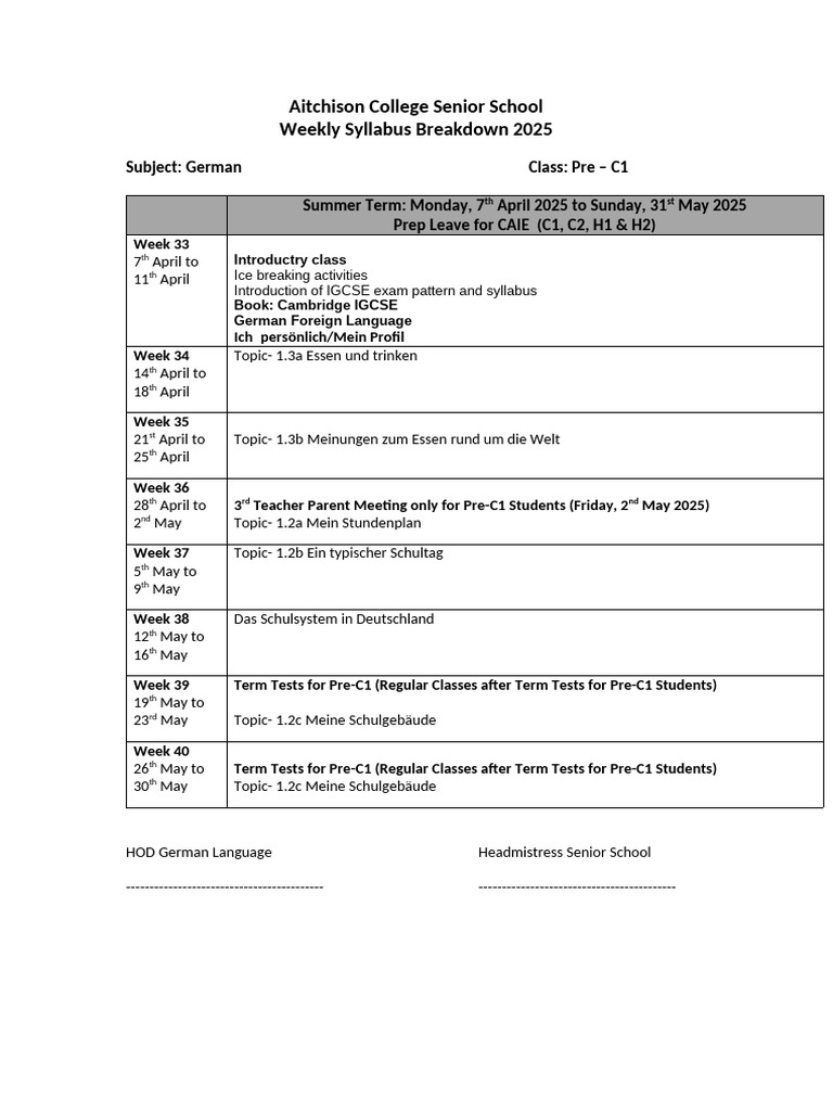 Pre-C1-German Weekly Syllabus Breakdown 2025 | PDF