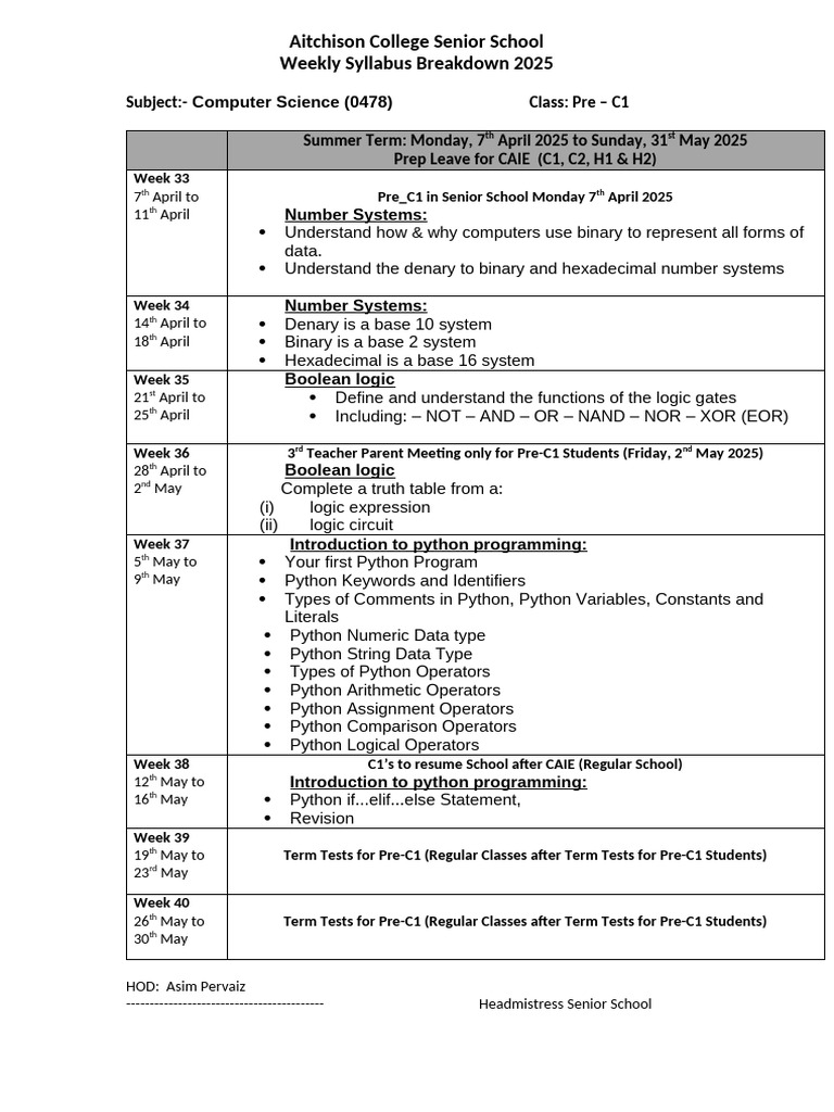 Pre C1 Computer Science - Weekly Syllabus Breakdown 2025 | PDF | Python (Programming Language ...