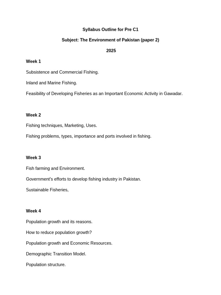 Pre C1 Geography Weekly Syllabus Breakdown 2025 | PDF
