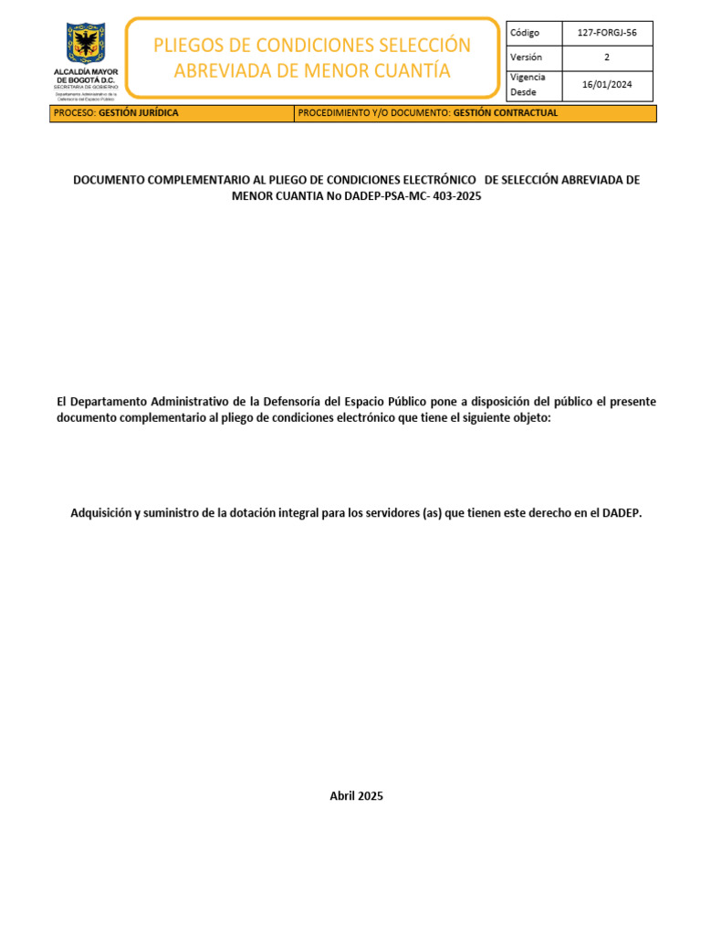 Proyecto Pliego de Condiciones Proceso Dadep-Psa-Mc-403-2025 | PDF ...