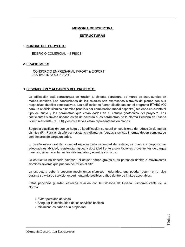 Memoria Descriptiva de Estructuras de Edificacion de 8 Pisos | PDF | Hormigón | Columna