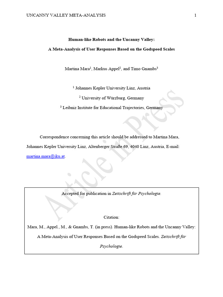 Human-Like Robots and The Uncanny Valley - A Meta-Analysis of User ...