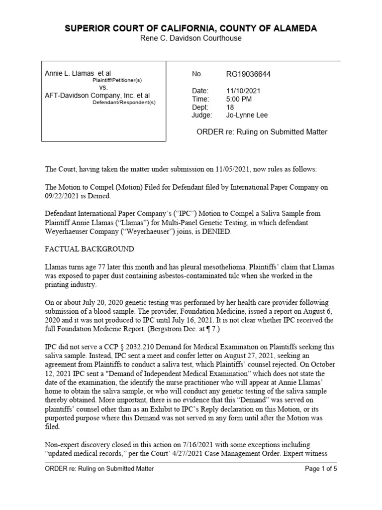 Llamas - 11-10-21 Order Re Motion To Compel Saliva Sample (5151530.1) | PDF | Mutation | P53