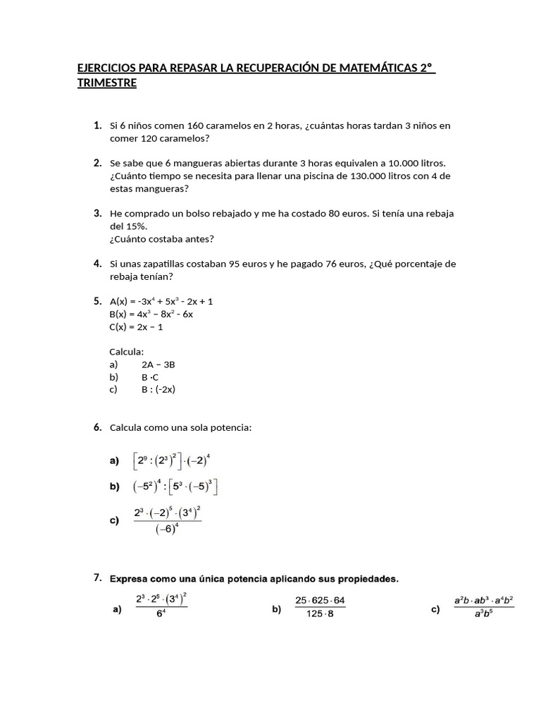 Ejercicios para Repasar La Recuperación de Matemáticas 2º Trimestre | PDF