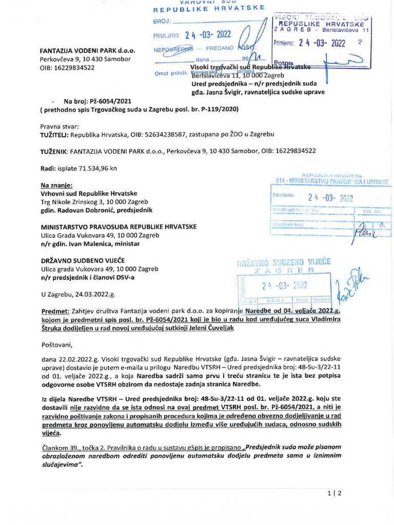 Podnesak Fantazija Vodeni Park Visokom Trgovačkom Sudu RH Od 24.03.2022 ...