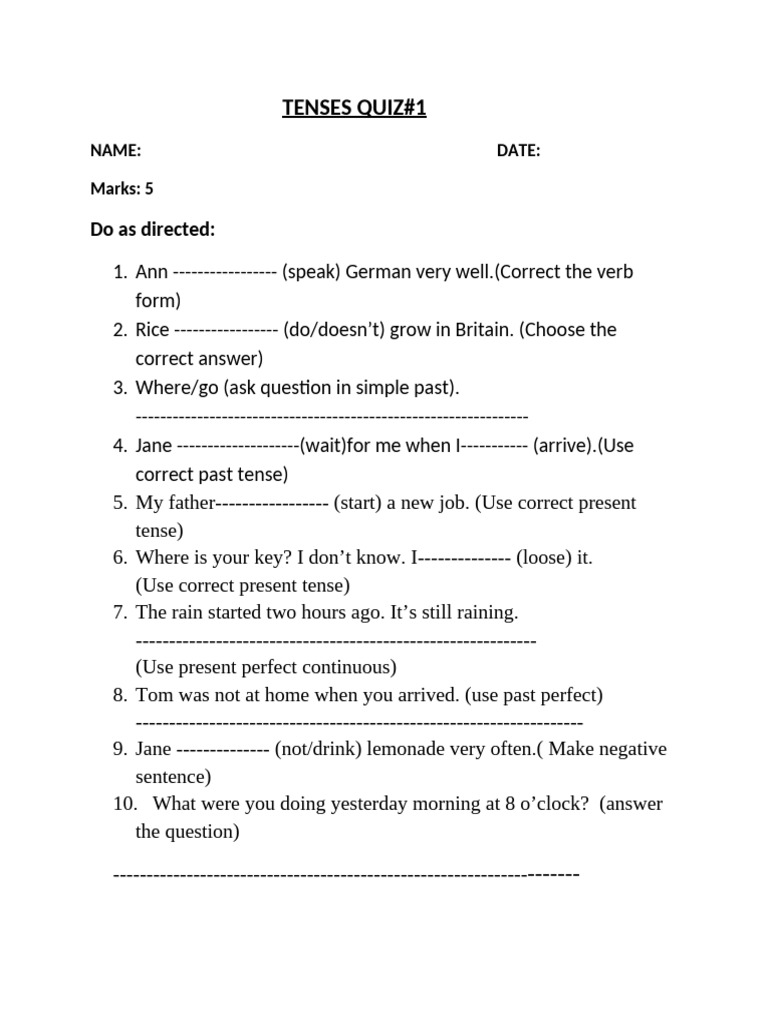Tenses Quiz for Language Learners | PDF