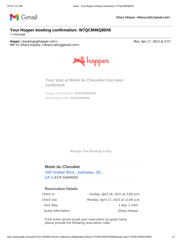 Gmail - Your Hopper Booking Confirmation - W7QCM46Q86X6 | PDF | Credit ...