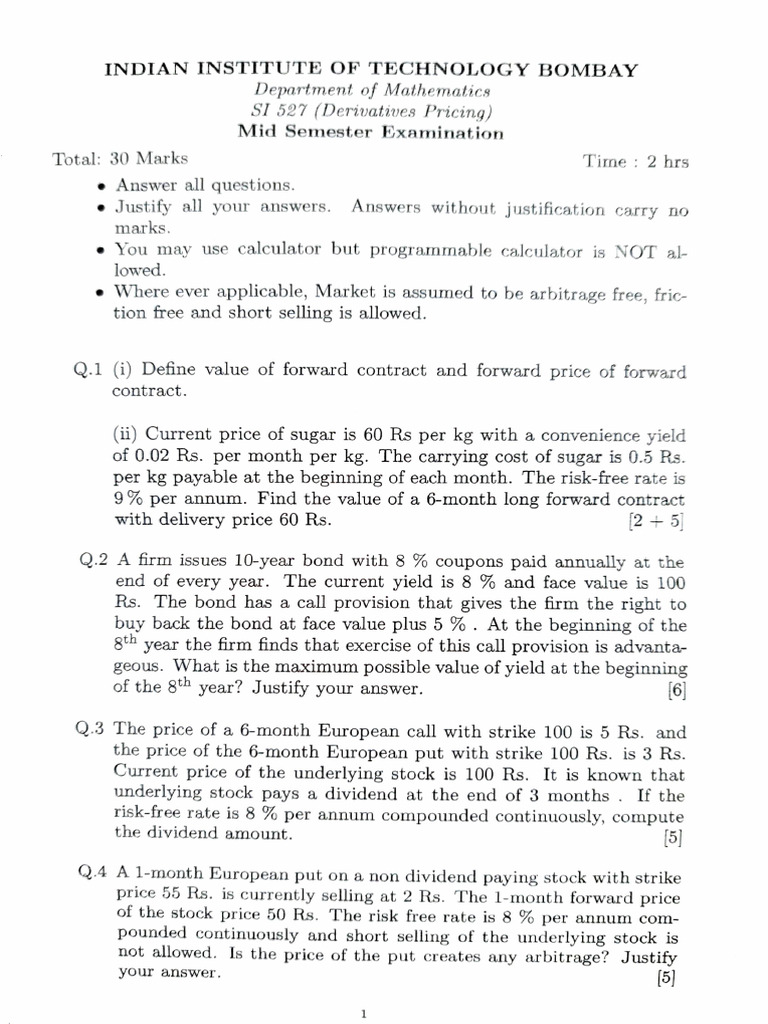 SI527 MidSem EndSem 2023 | PDF | Black–Scholes Model | Option (Finance)