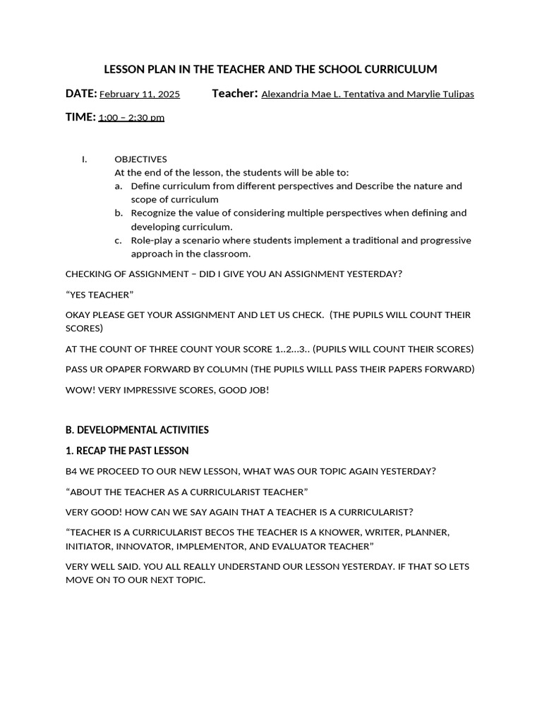 Lesson Plan in The Teacher and The School Curriculum | PDF | Curriculum ...