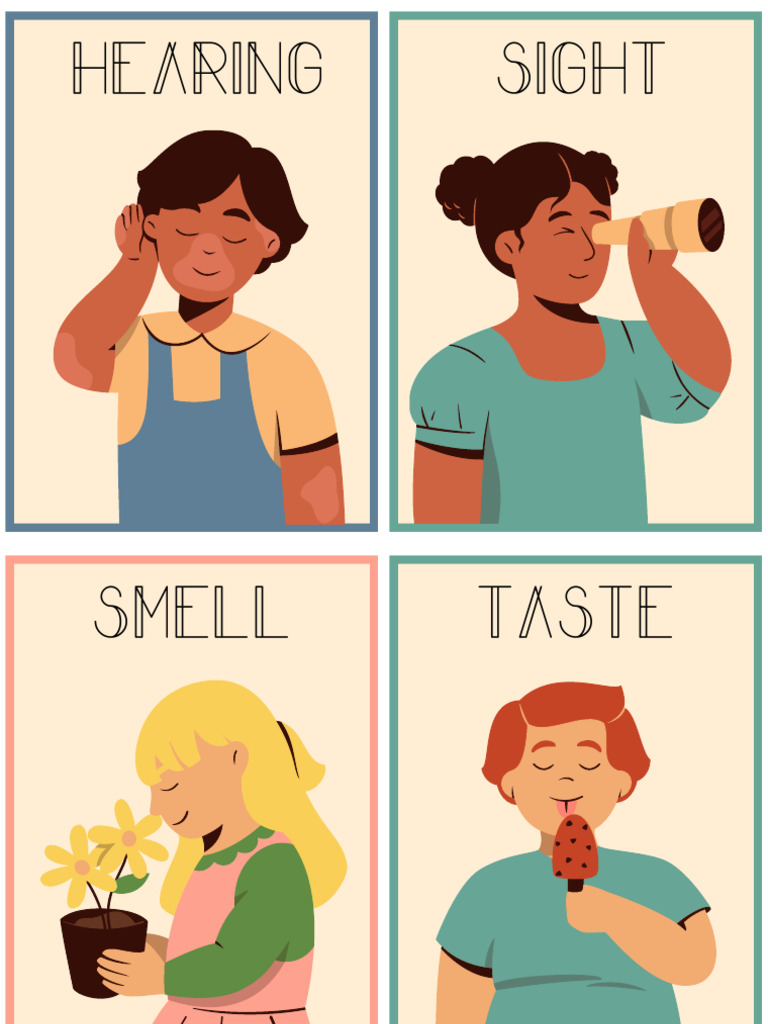 Colorful Illustrative 5 Senses Flashcard Game | PDF