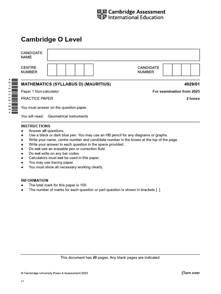 O Level Maths 4029 Practice Paper 2025 | PDF | Area | Geometry
