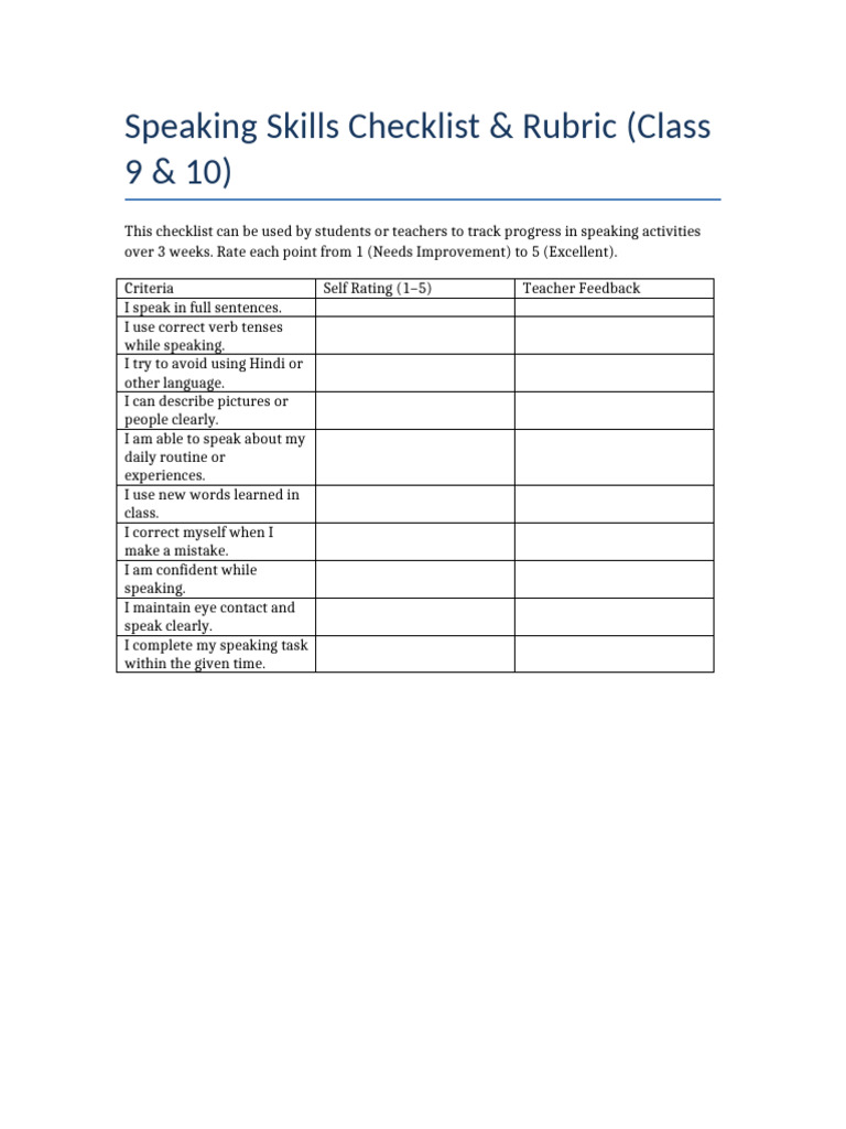 Speaking Skills Checklist Class9 10 | PDF