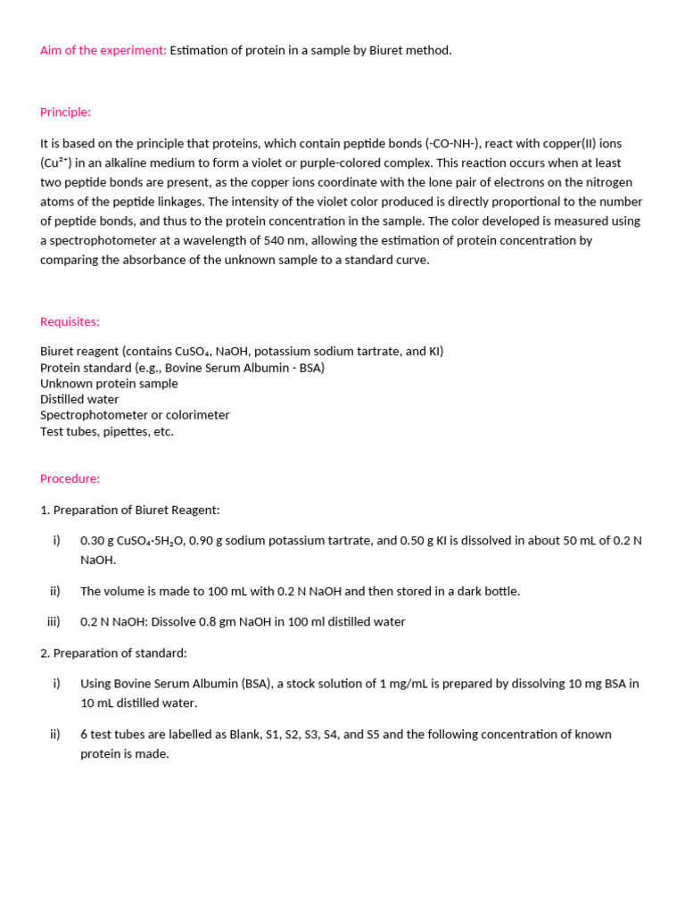 Biuret Method for Protein Estimation | PDF | Physical Chemistry | Chemistry