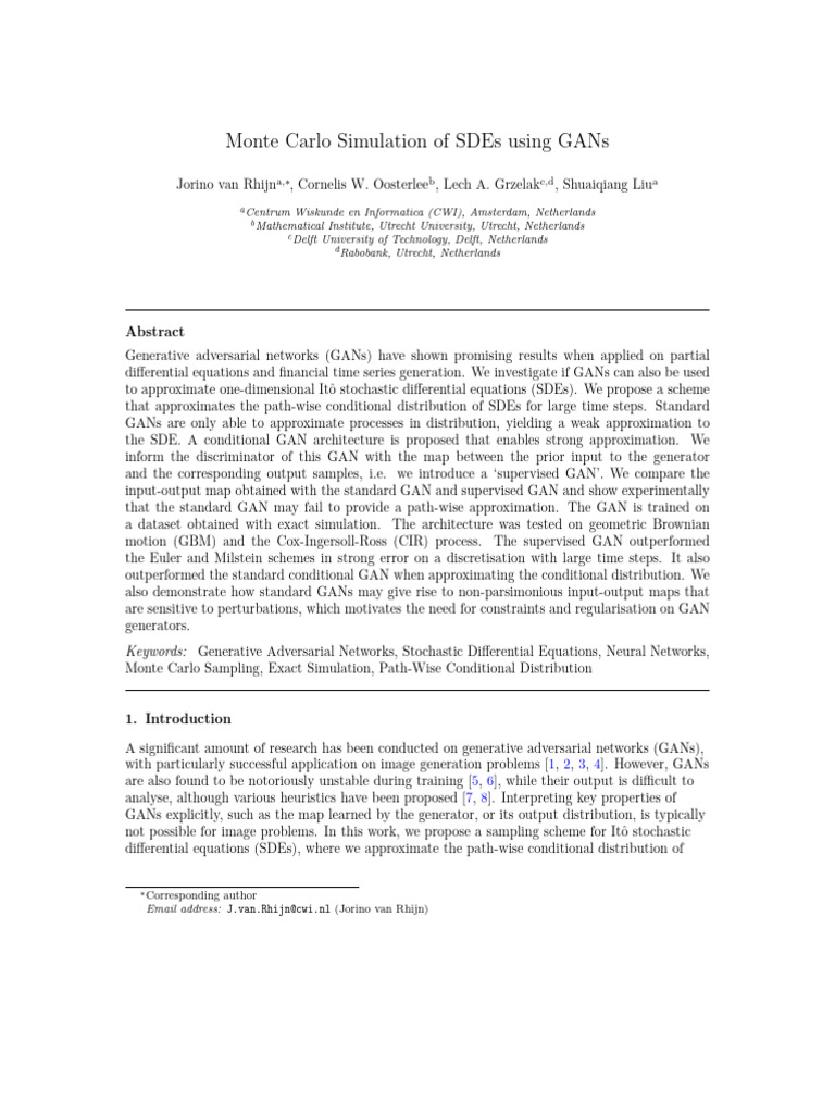 Monte Carlo Simulation of SDEs Using GANs | PDF | Stochastic ...