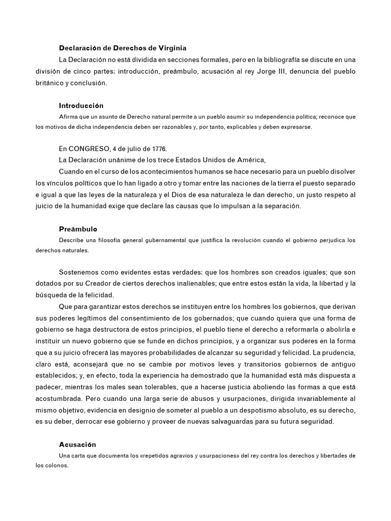 Declaración de Derechos de Virginia: Resumen | PDF | Gobierno | La Ley ...