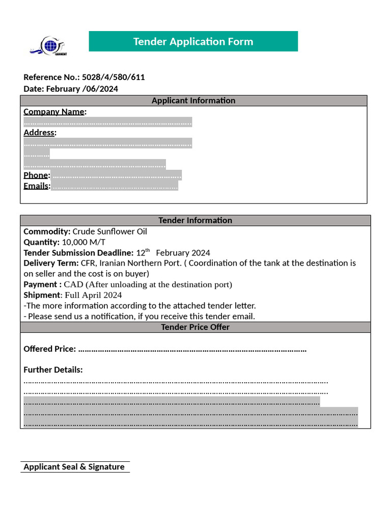 Tender Application Form SFO | PDF