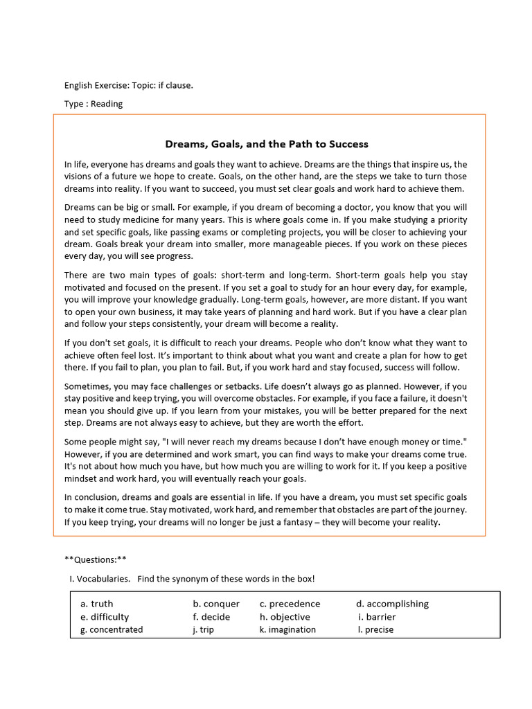 Reading Text Drill, Ifclause | PDF | Goal | Cognition