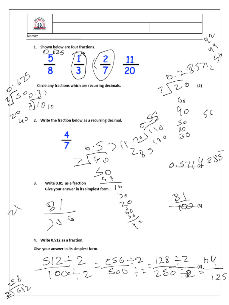 Recurring Decimals Worksheet | PDF