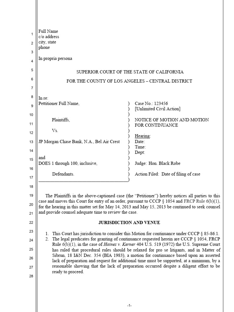 Sample Motion For Continuance | PDF | Continuance | Affidavit