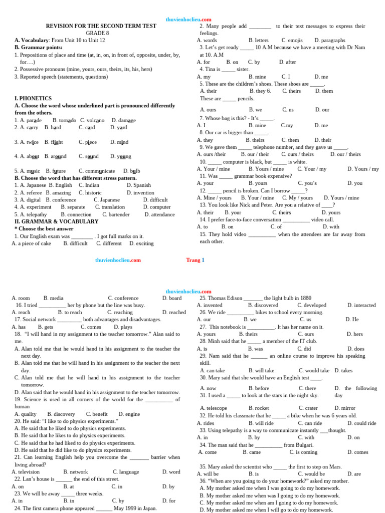 Grade 8 Term 2 Test Revision Guide | PDF | Nonverbal Communication ...