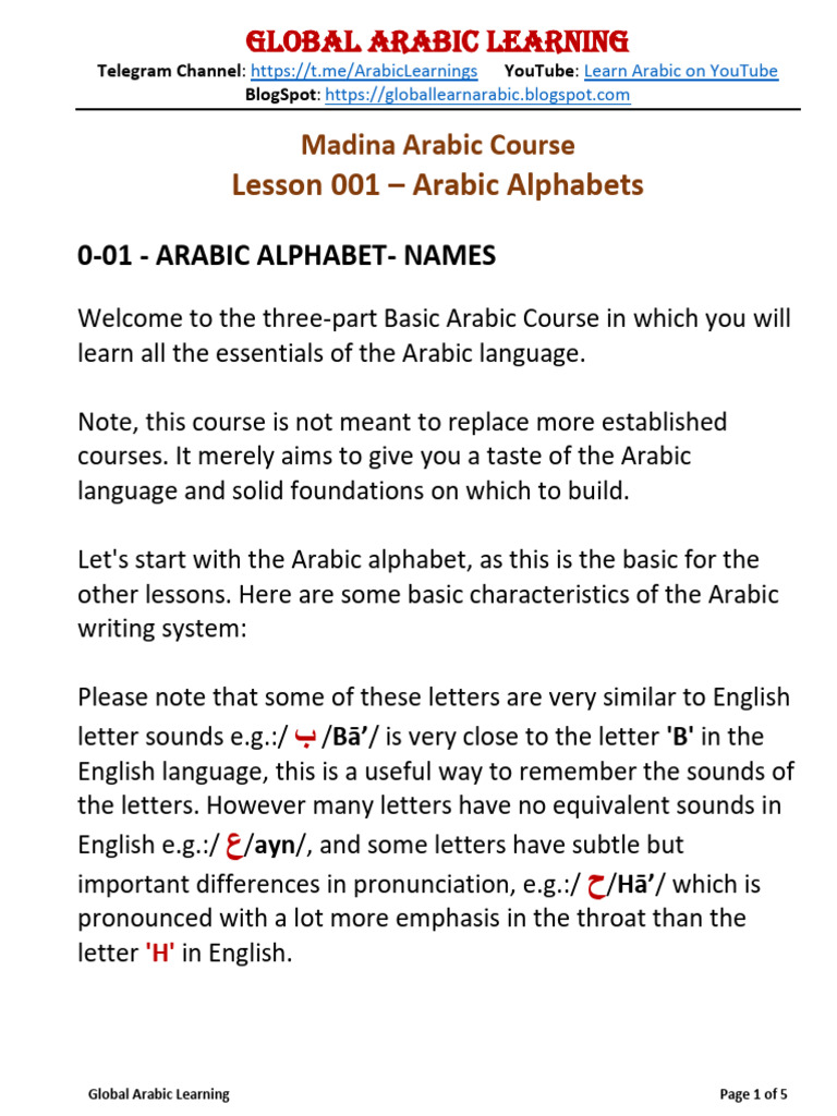 Lesson 001-01 Arabic Alphabets | PDF | Arabic | Alphabet