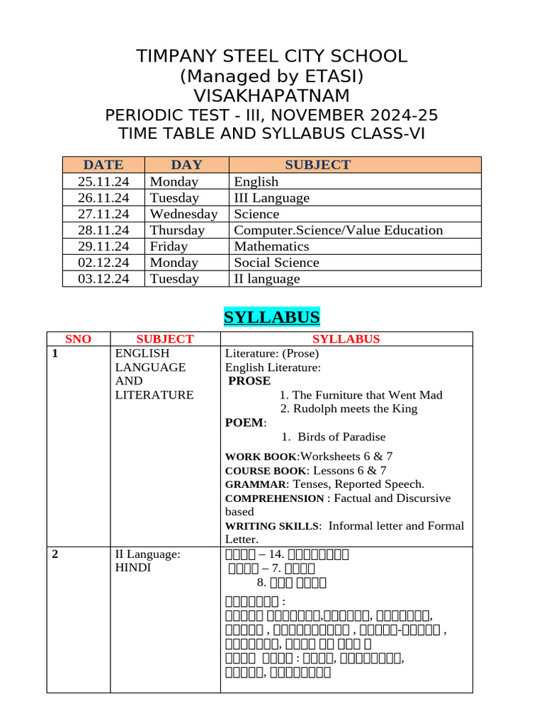 PT3 - TIME - TABLE - Class - VI Updated 1 | PDF | Human Communication ...