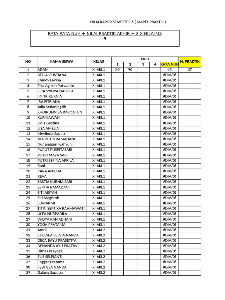 Format Nilai Rapor Semster 6 Mapel PKKR | PDF