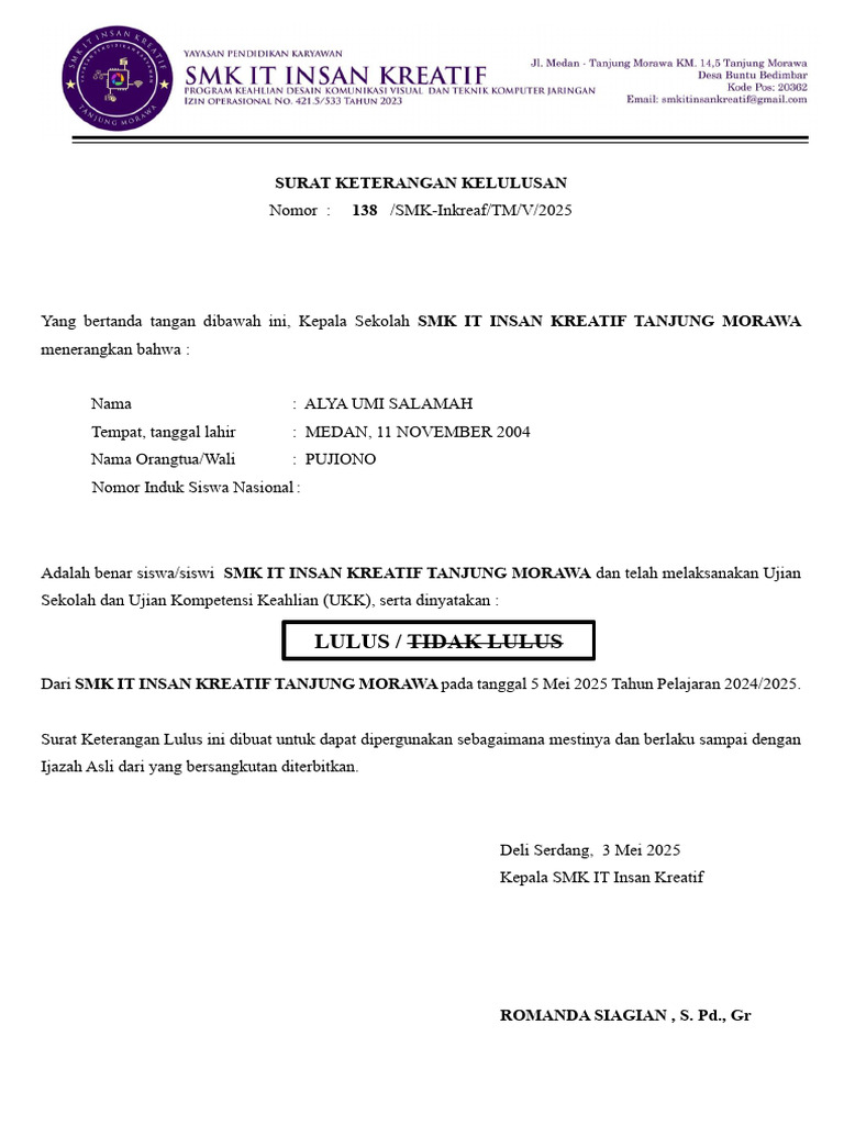 Surat Keterangan Kelulusan SMK | PDF