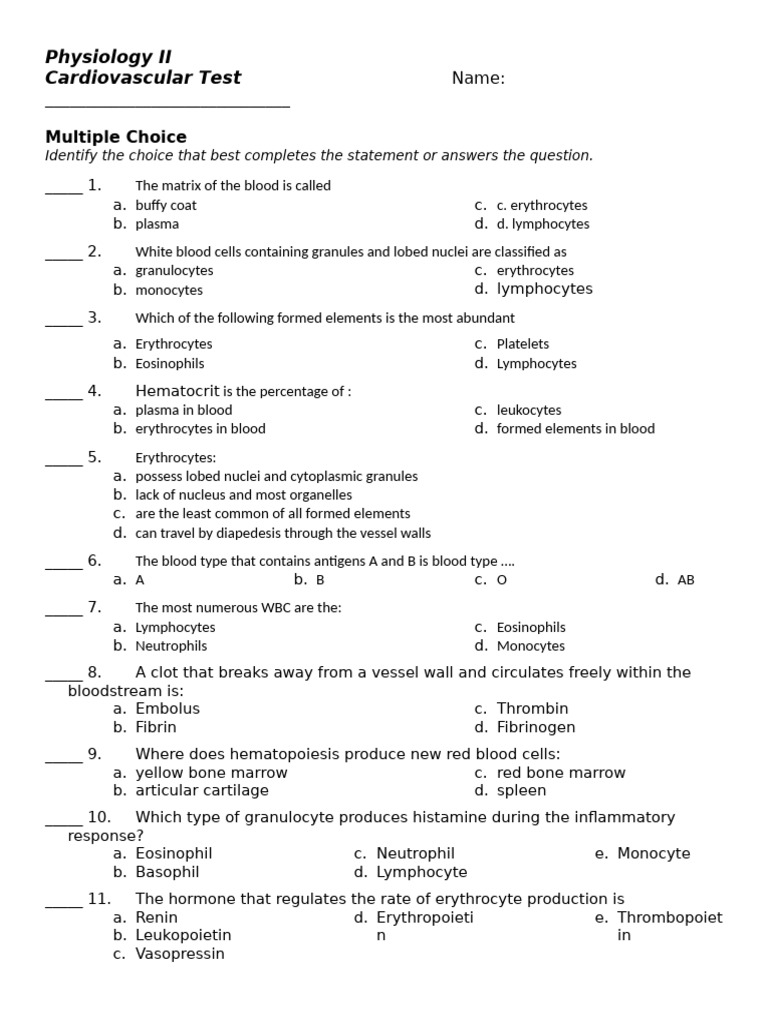 Cardiovascular Physiology Test Questions | PDF | Heart | Heart Valve
