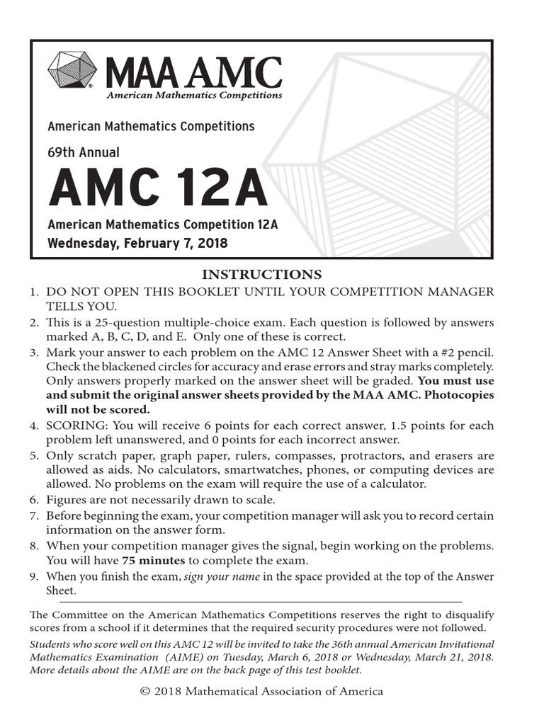 2018 AMC 12A Exam Instructions and Problems | PDF | Mathematics