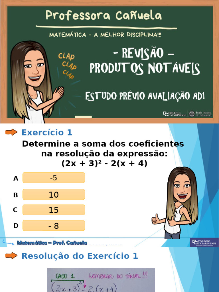 Exercícios Revisionais - Produtos Notáveis (Estudo AD1) AULA PARTICULAR | PDF