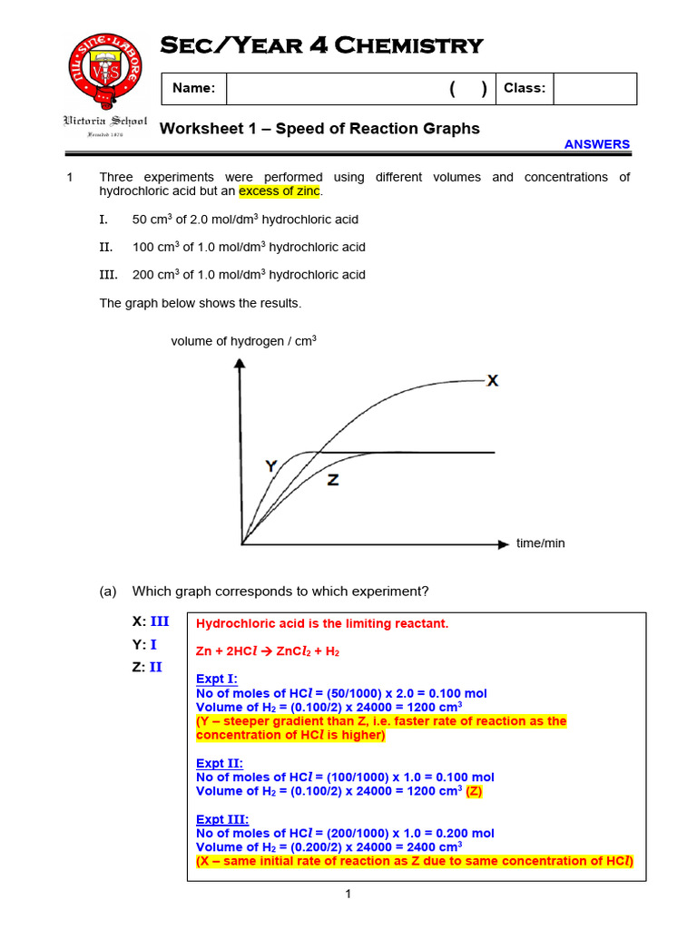 Worksheet 1 - Speed of Reaction Graphs - Answers) | PDF | Acid ...