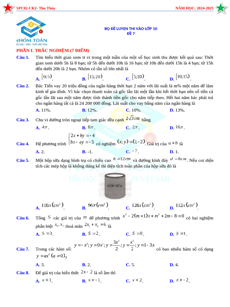 TS10 de Thi Thu De7 Da9 CK2 Tthuy de | PDF